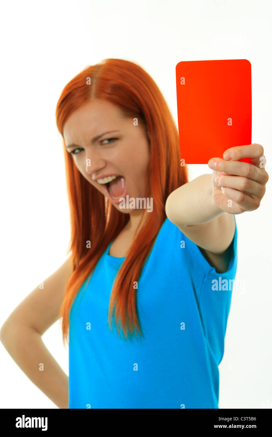 Young woman shows the red card Stock Photo - Alamy