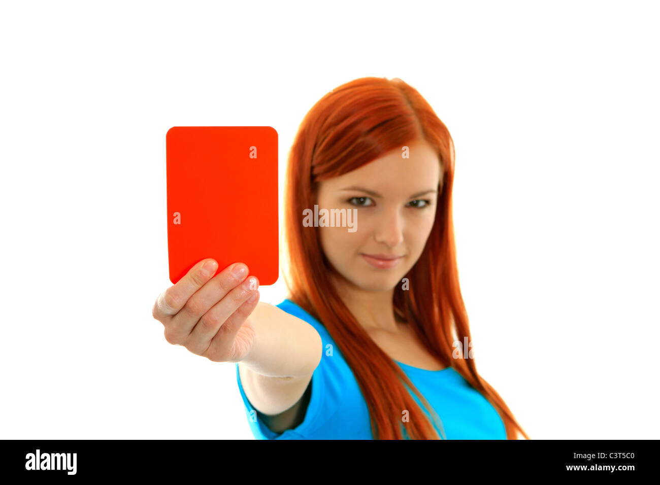 Young woman shows the red card Stock Photo - Alamy