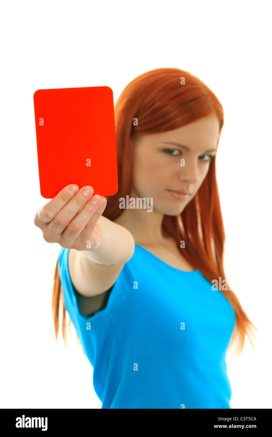 Young woman shows the red card Stock Photo - Alamy