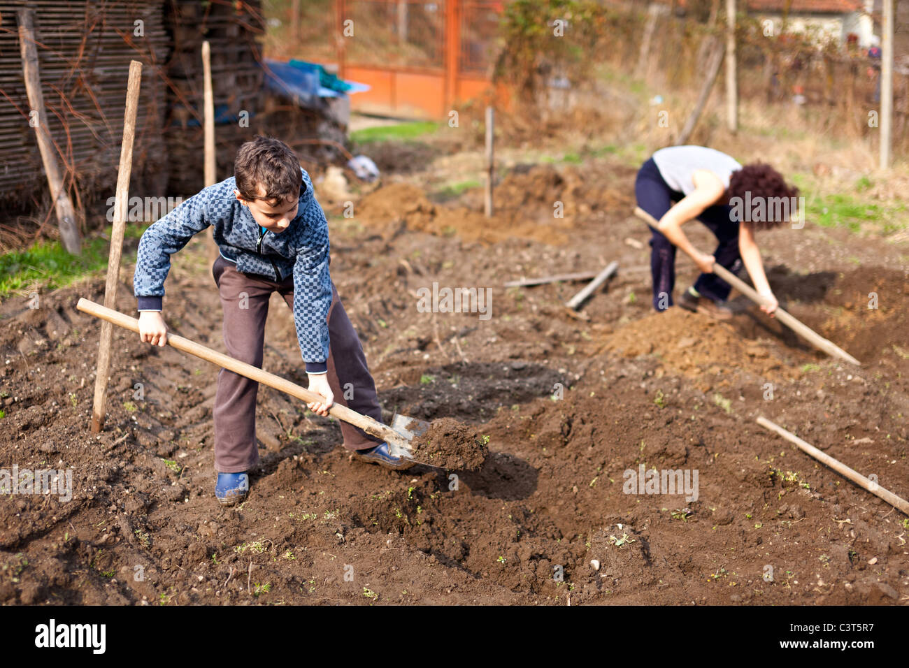 Mother and son digging into the garden for planting trees Stock Photo ...