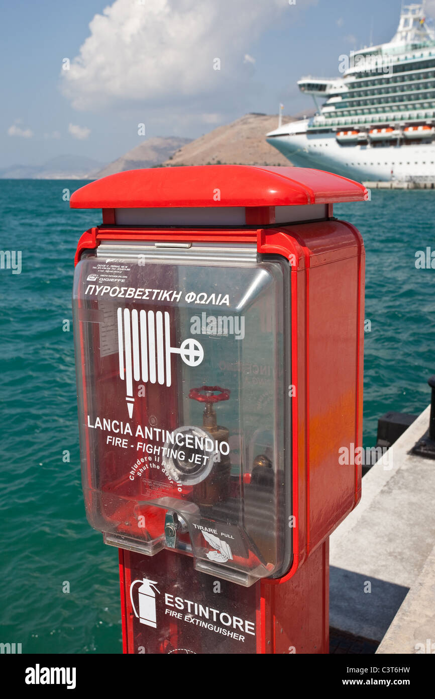 Fire fighting equipment on harbour jetty Cephalonia Greece Stock Photo ...