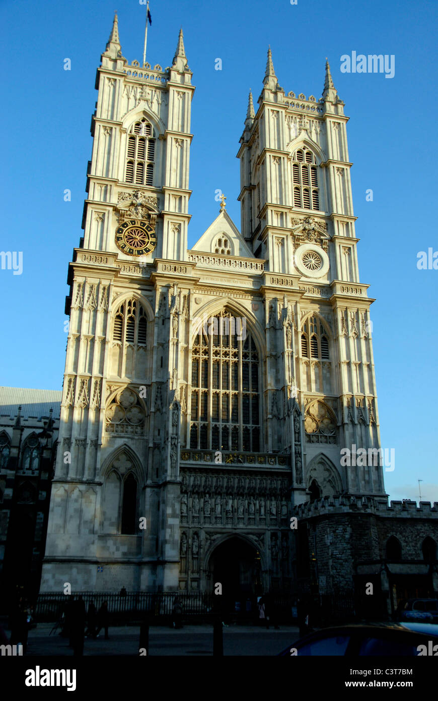 View of front facade of Westminster Abbey,with blue sky, London, UK ...