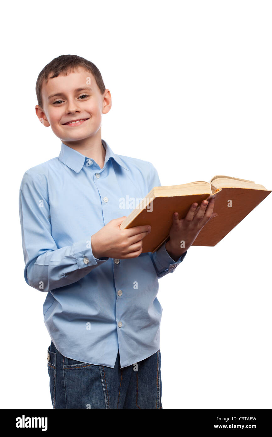Portrait of a schoolboy with a book, isolated on white background Stock ...