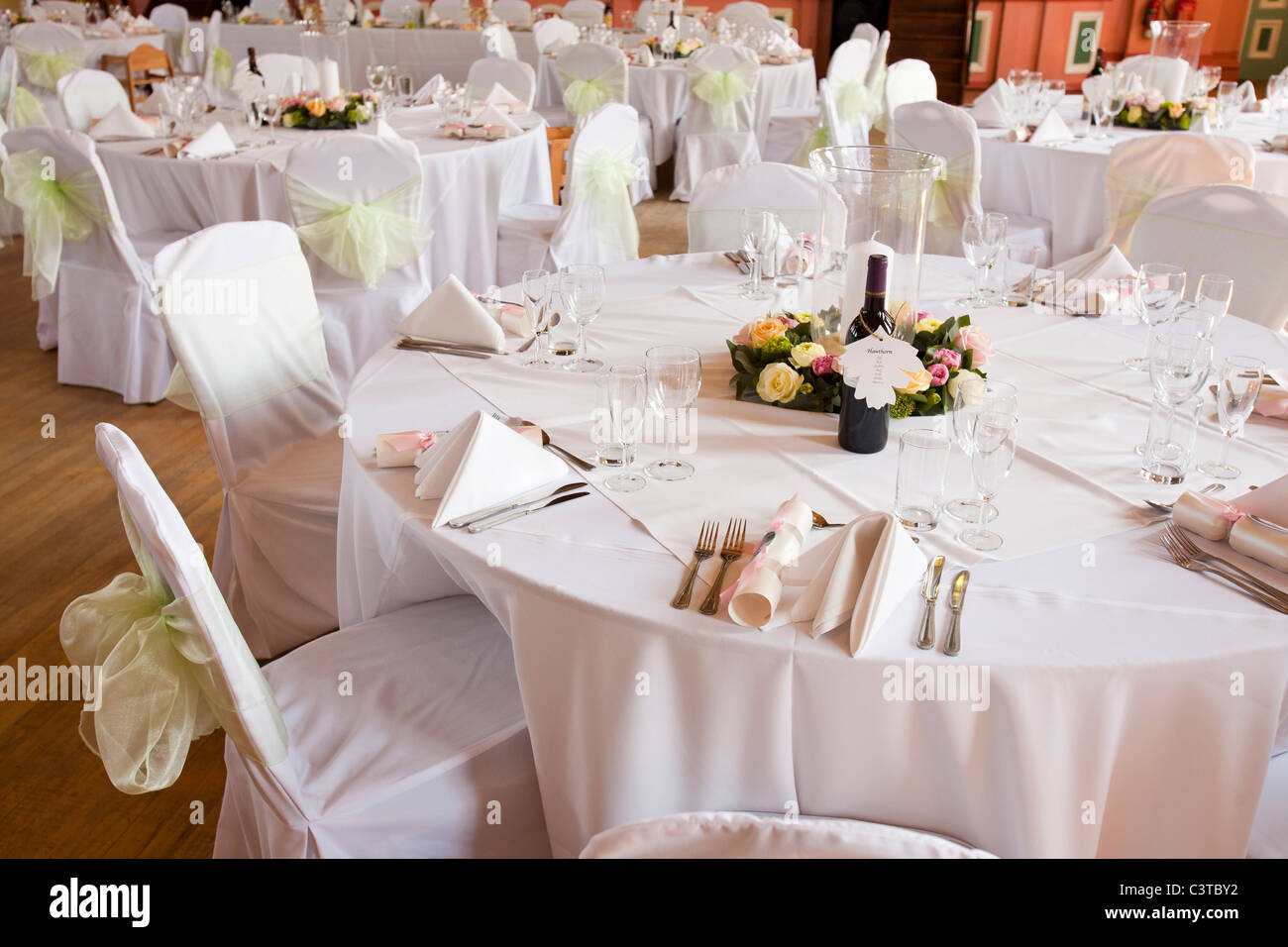 A function room layed out for a wedding Stock Photo - Alamy