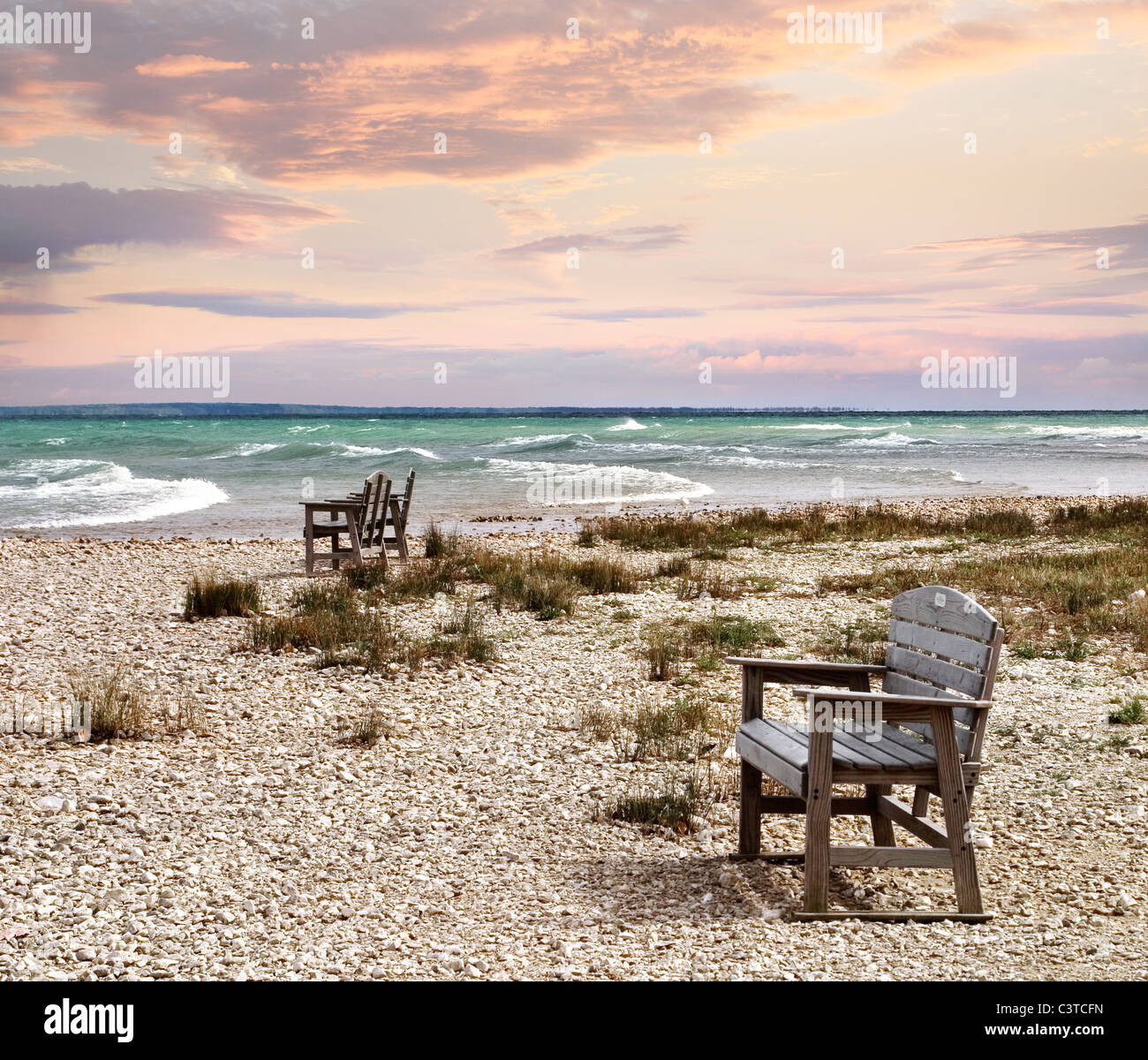 Chairs On The Beach Looking Out On The Mackinaw Straits And Lake Huron ...