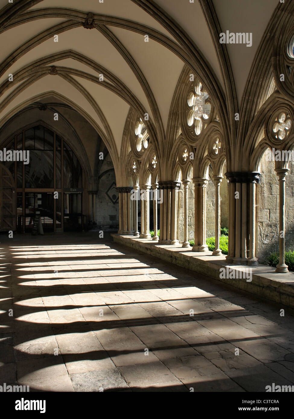 Shadows cast by stone pillars in Salisbury Cathedral Cloisters Stock ...