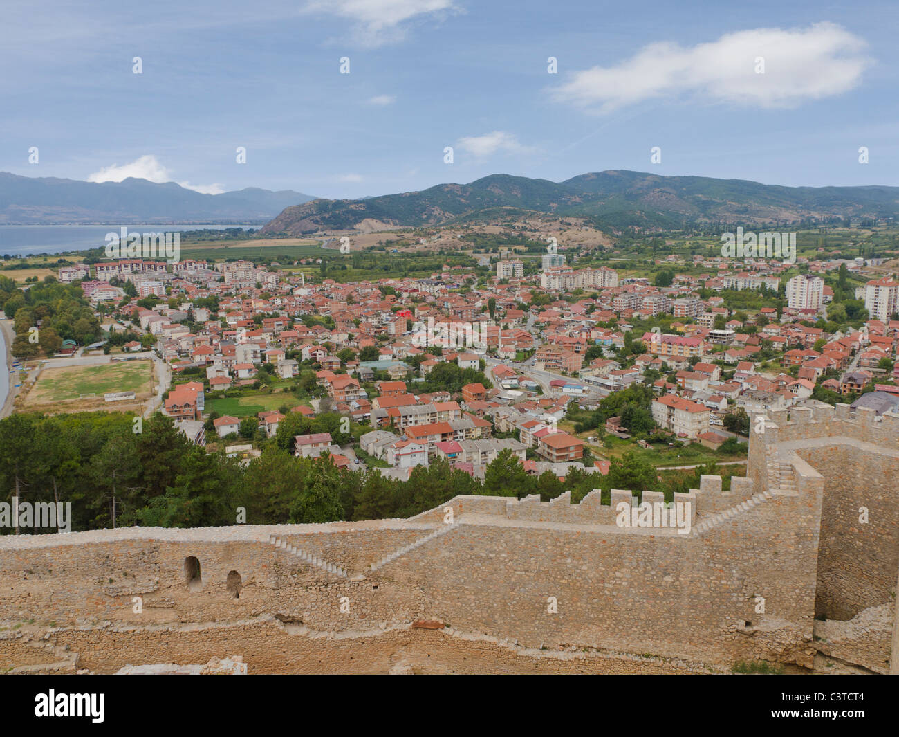 Old town Ohrid with it's famous red roofed houses on the coast of lake ...