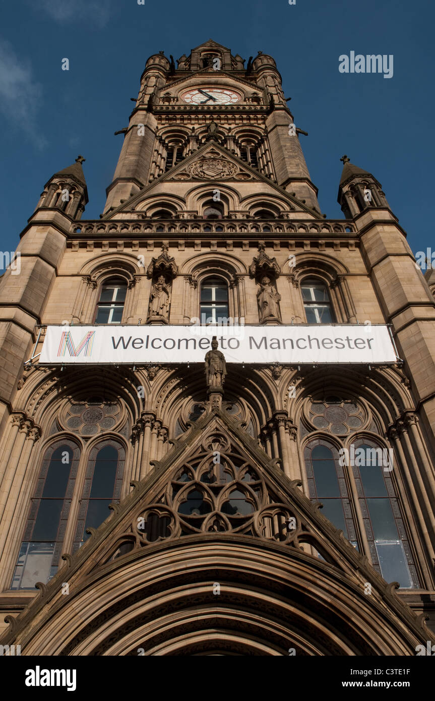 Welcome to Manchester banner on Manchester Town Hall, Albert Square ...