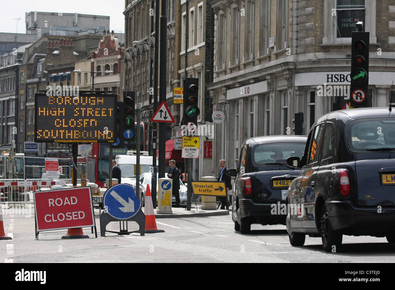 Roadworks signs in Borough High Street, London Bridge Stock Photo - Alamy