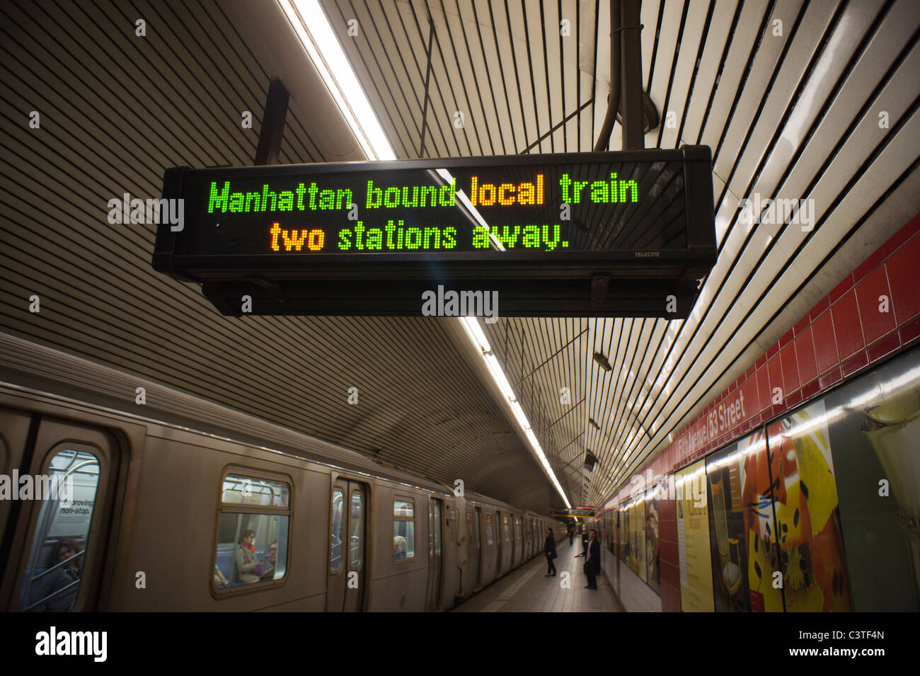 The NYC Transit Authority illuminated train information sign in the ...