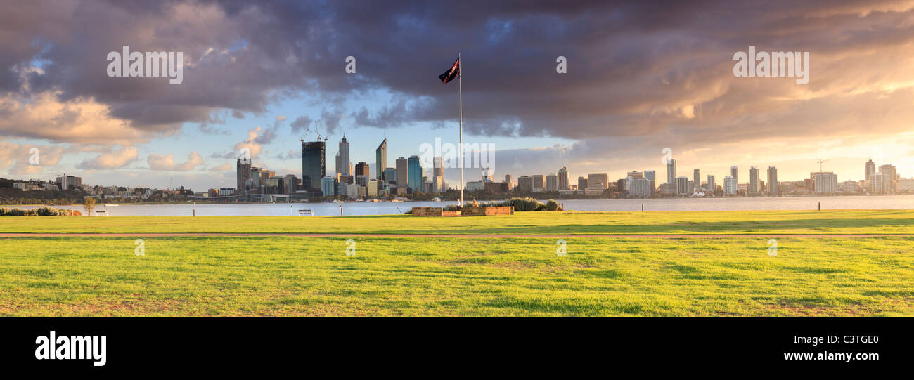 Panoramic of the South Perth foreshore, Australian flag, Swan River and ...