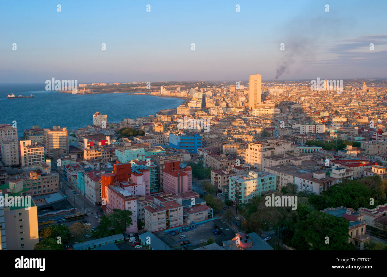 Aerial view panoramic of Havana downtown city at sunset night in Cuba ...