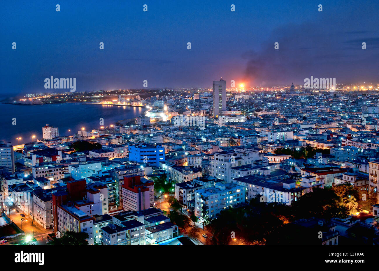 Aerial view panoramic of Havana downtown city at sunset night in Cuba ...