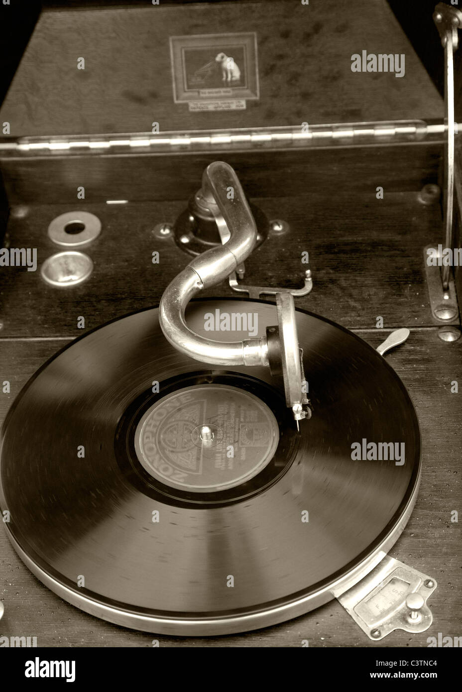 Old fashioned gramophone playing a 78rpm Sepia toned image Stock Photo ...