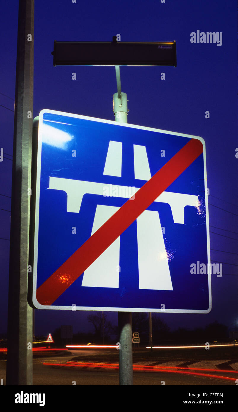 end of motorway warning sign on A1 M1 motorway at night leeds yorkshire ...