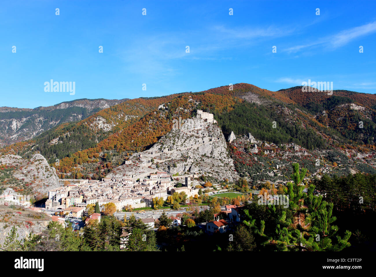The medieval village of Entrevaux into the Var valley in the back ...