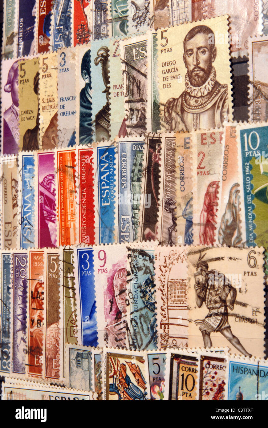Diverse and colorful postage stamps from Spain. Old collection Stock ...