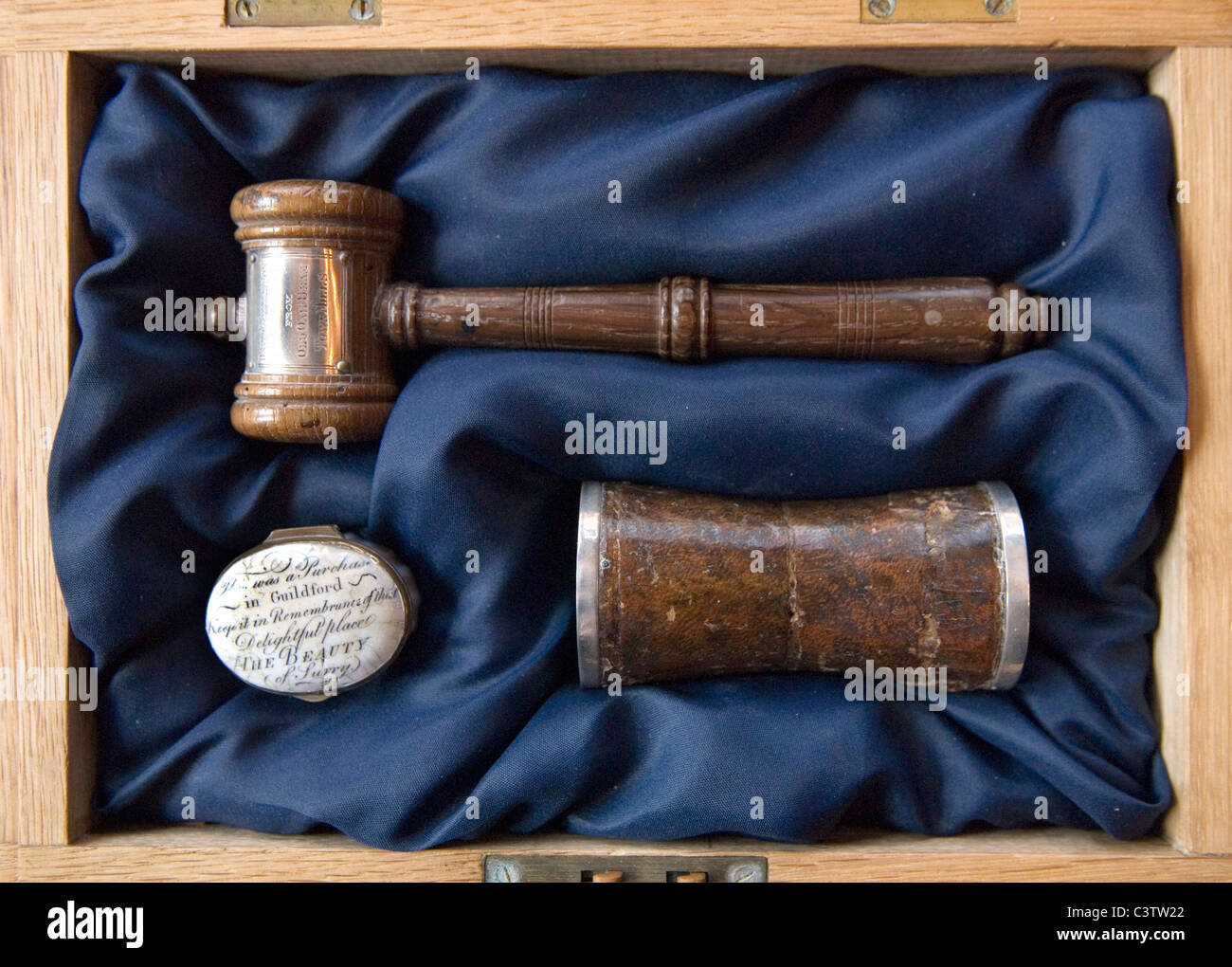 Dicing for Maids Money. Dicing cup, mallet and small enamelled box for ...