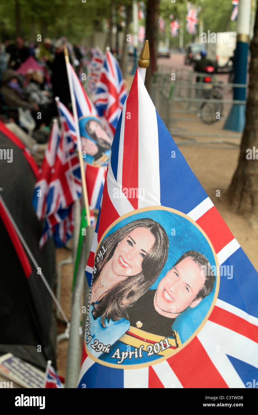Line of Union flags flying on railings along The Mall the night before ...