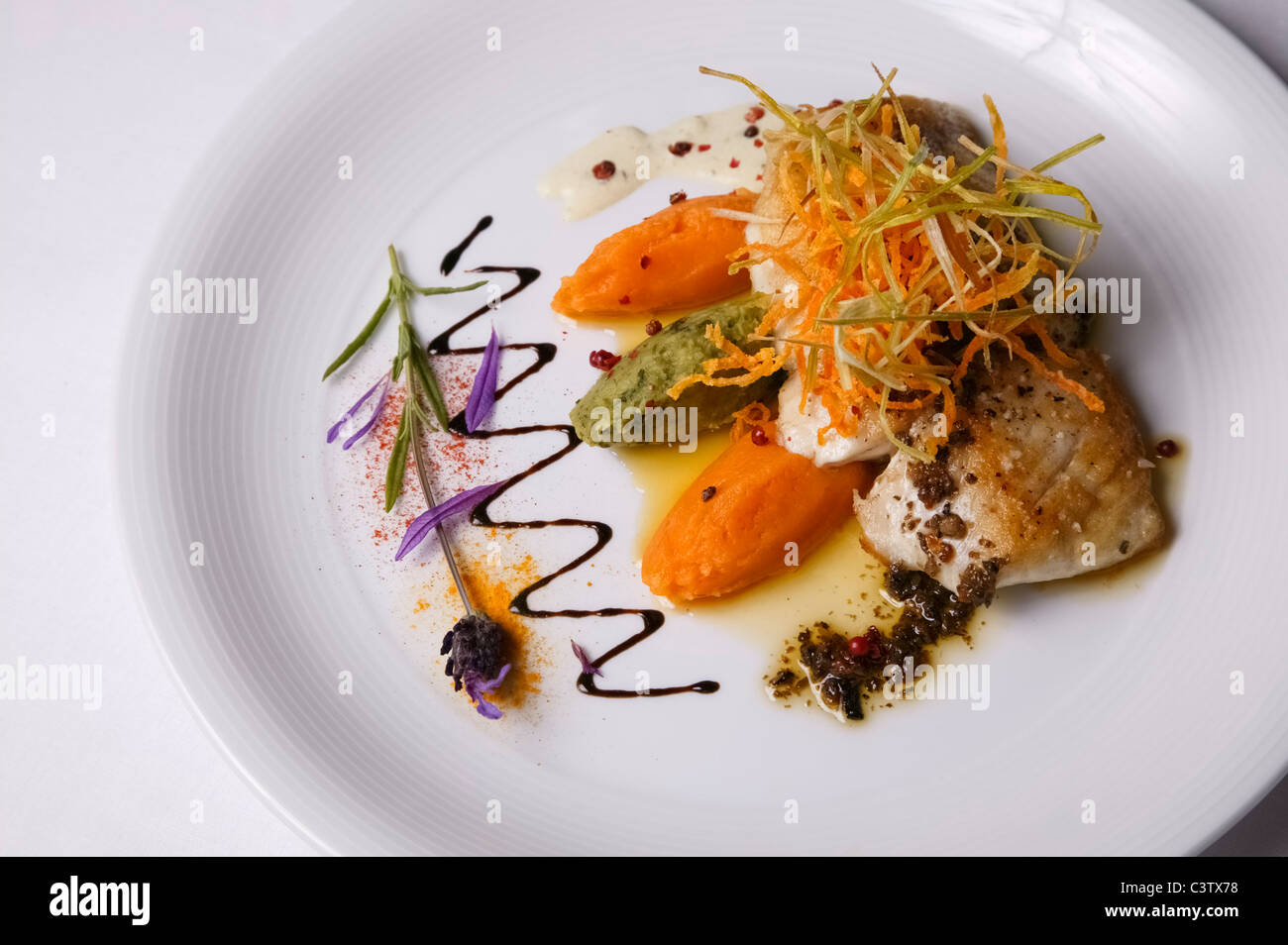Nouvelle cuisine gourmet fish dish Stock Photo - Alamy