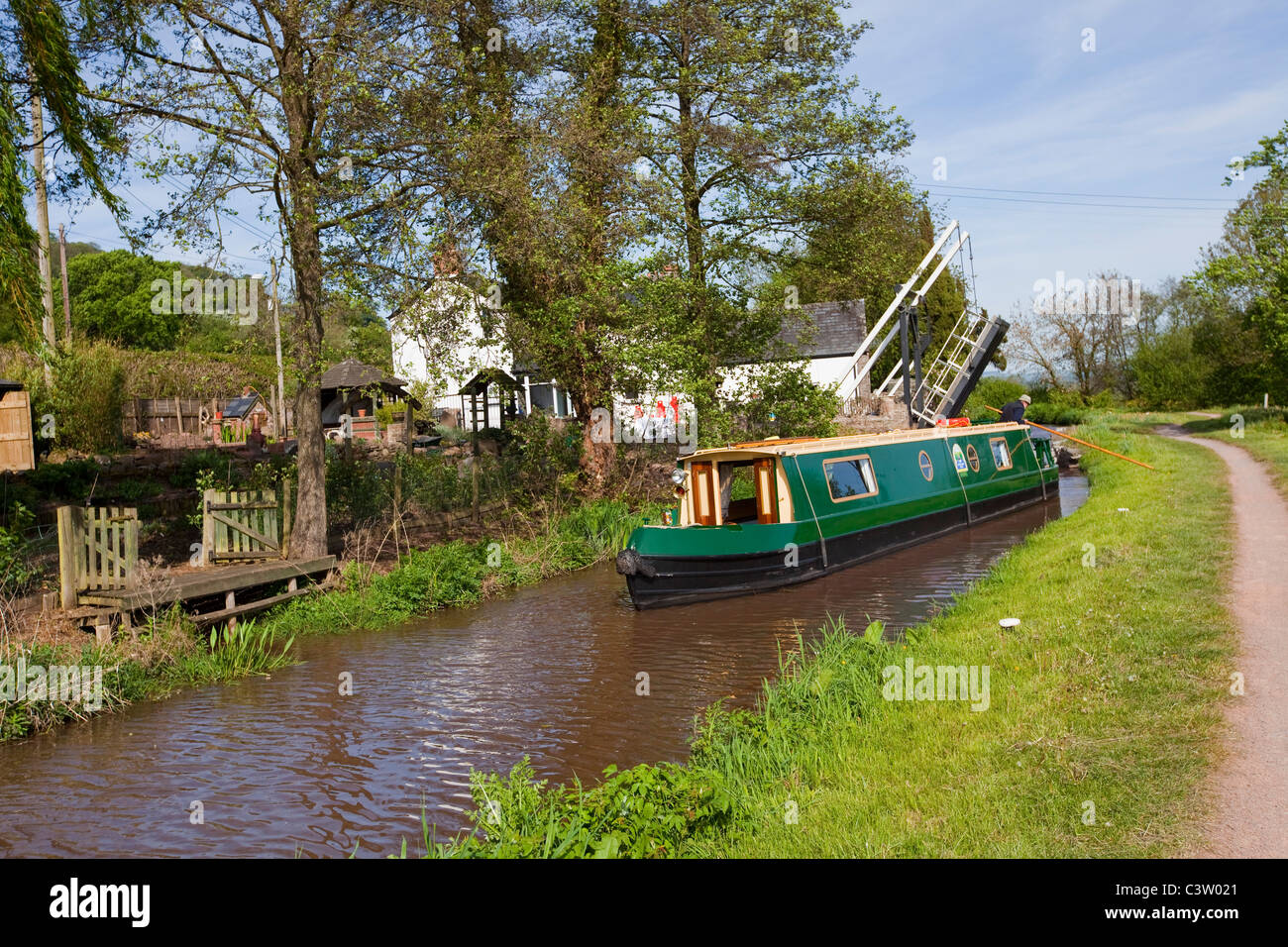 Brecon Canal and barge canal boat near Talybont-on-Usk, Powys Wales UK ...