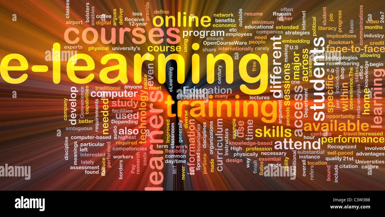 Background concept wordcloud illustration of e-learning glowing light ...