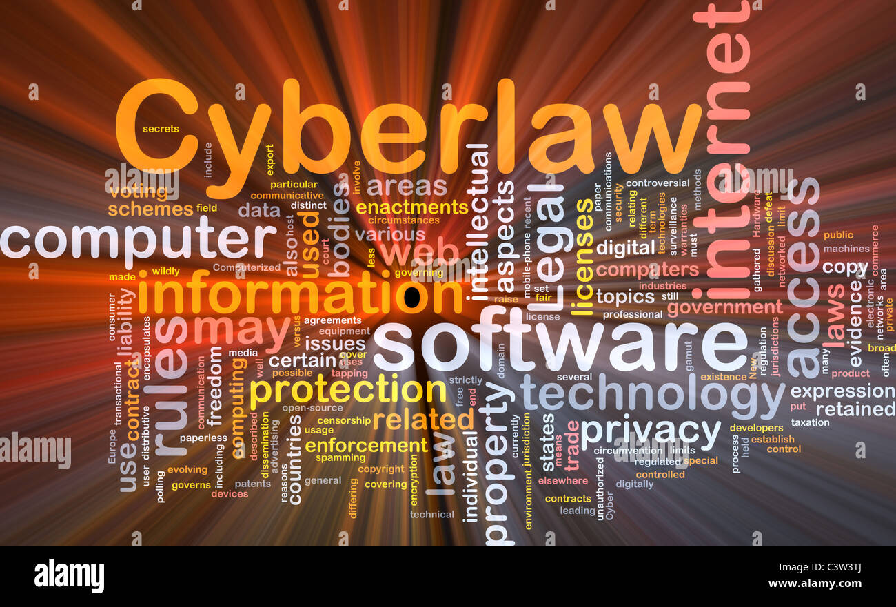 Background concept wordcloud illustration of cyberlaw glowing light ...