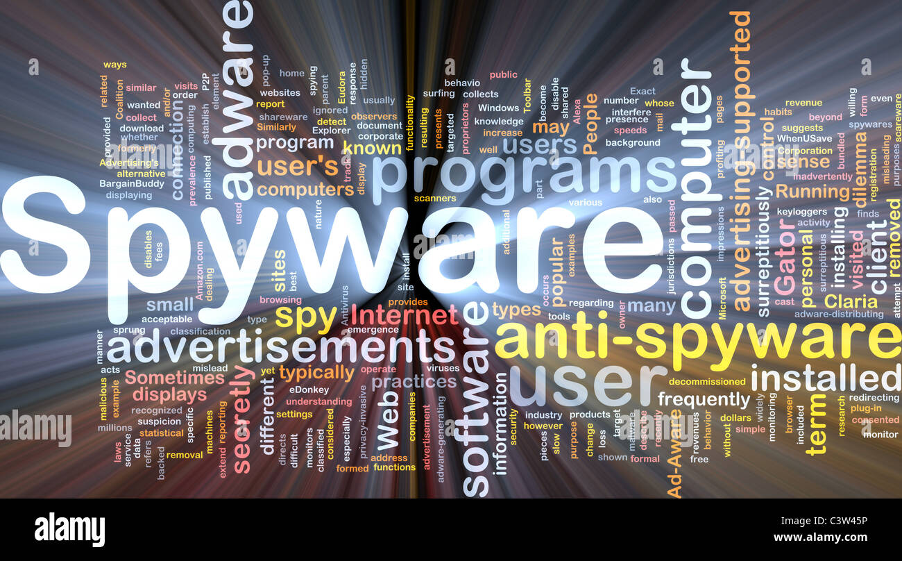 Background concept wordcloud illustration of spyware glowing light ...