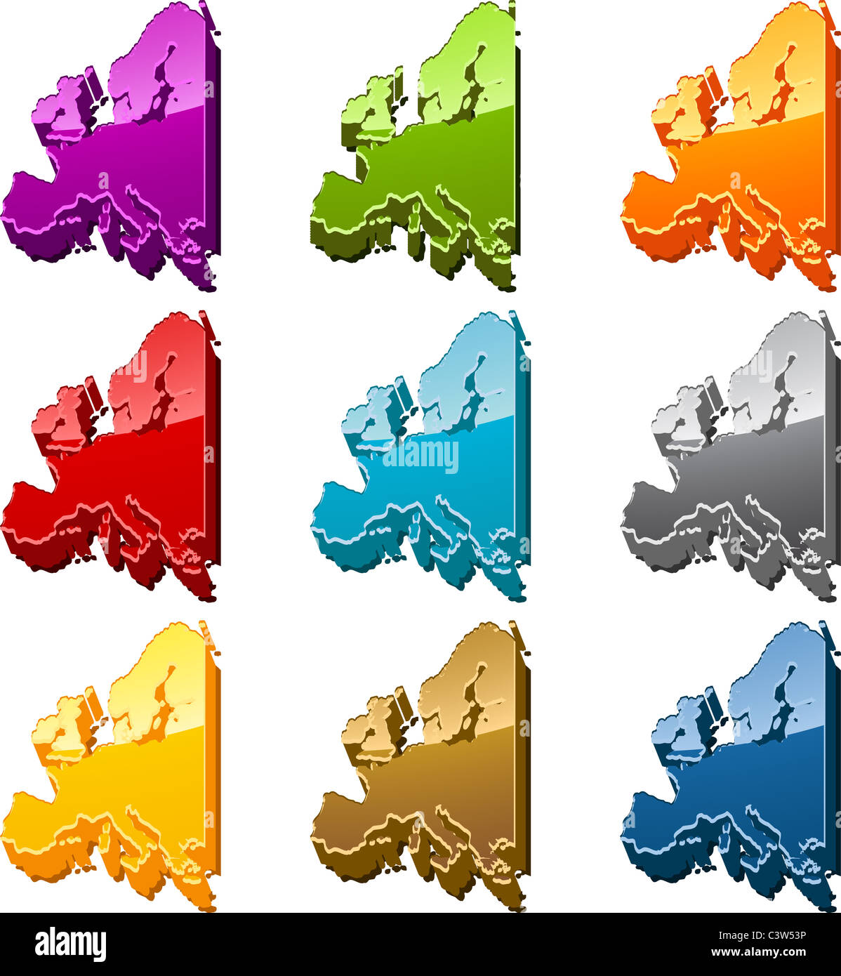 Europe continent map icon button multicolored illustration set Stock ...