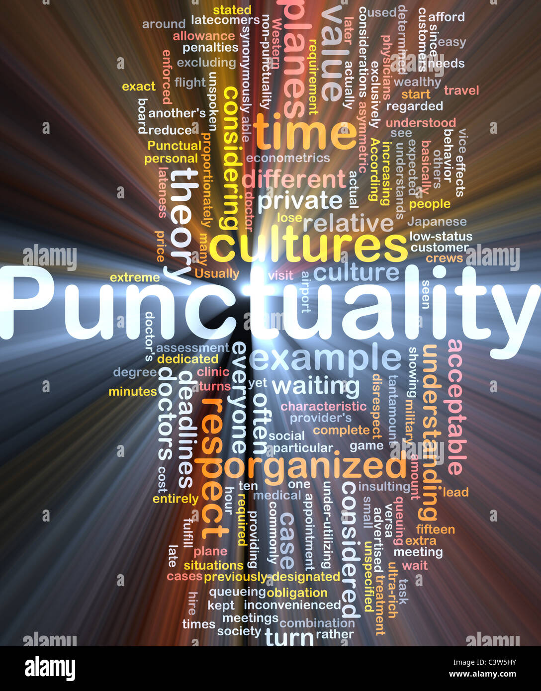 Background concept wordcloud illustration of punctuality glowing light ...