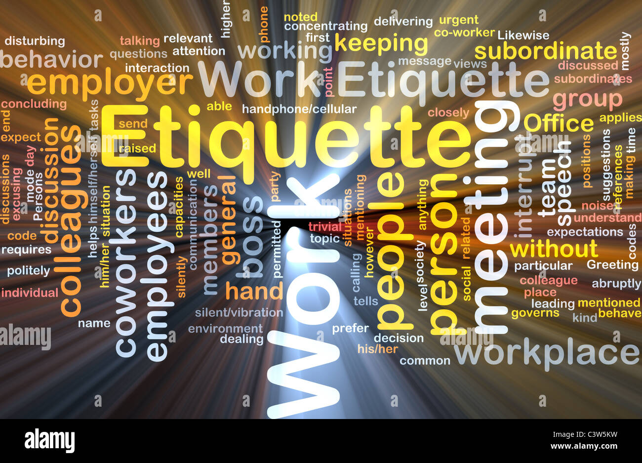 Background concept wordcloud illustration of work etiquette glowing ...