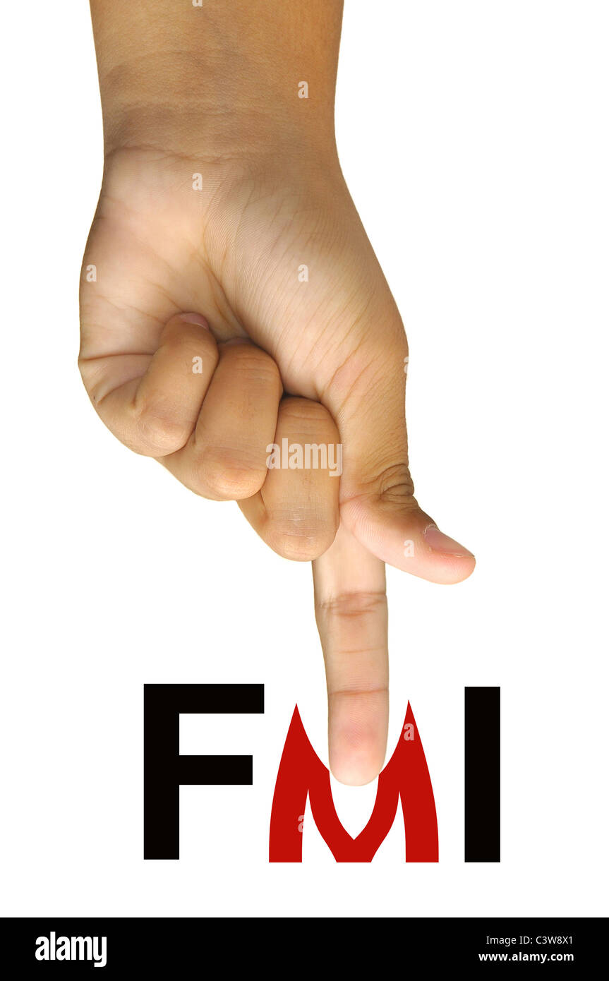 Hand with FMI word isolated in white Stock Photo - Alamy