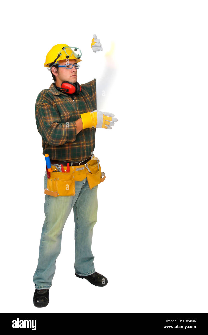 Construction worker isolated in white Stock Photo - Alamy
