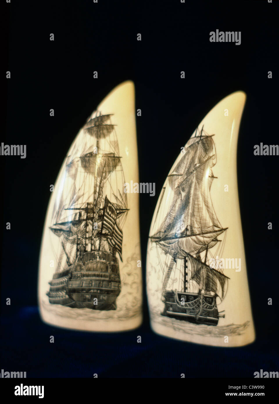 CLOSE-UP OF CARVED SCRIMSHAW, DESIGNS ON WHALE TEETH AT LAHAINA / MAUI ...