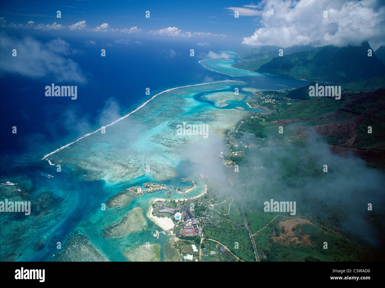 AERIAL VIEW OF MOOREA AND TAHITI ISLANDS IN THE PACIFIC OCEAN / FRENCH ...