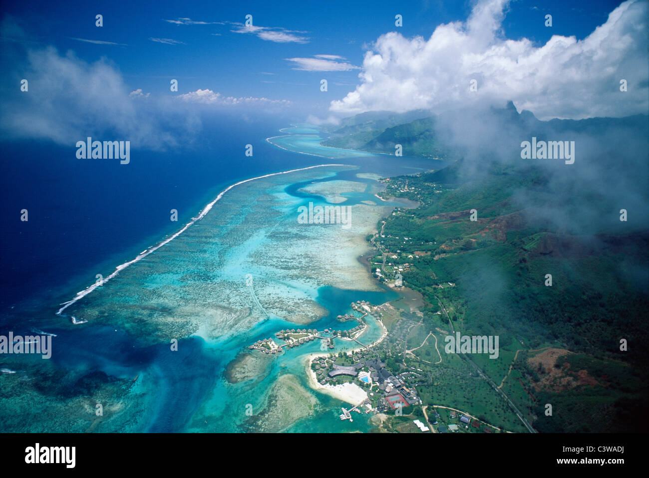 AERIAL VIEW OF MOOREA AND TAHITI ISLANDS IN THE PACIFIC OCEAN / FRENCH ...