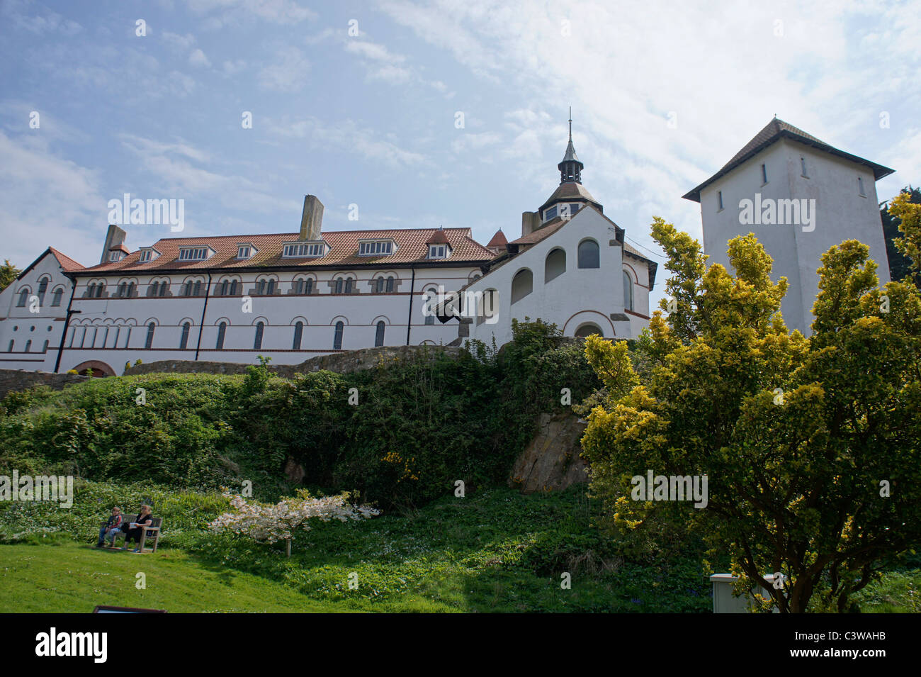 Caldey Abbey on Caldey Island, monastery sunny day blue sky ...