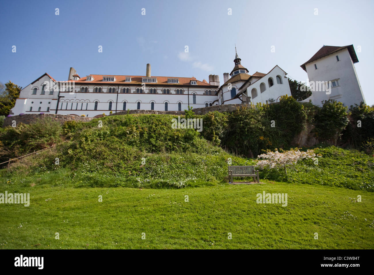 Caldey Abbey on Caldey Island, monastery sunny day blue sky ...