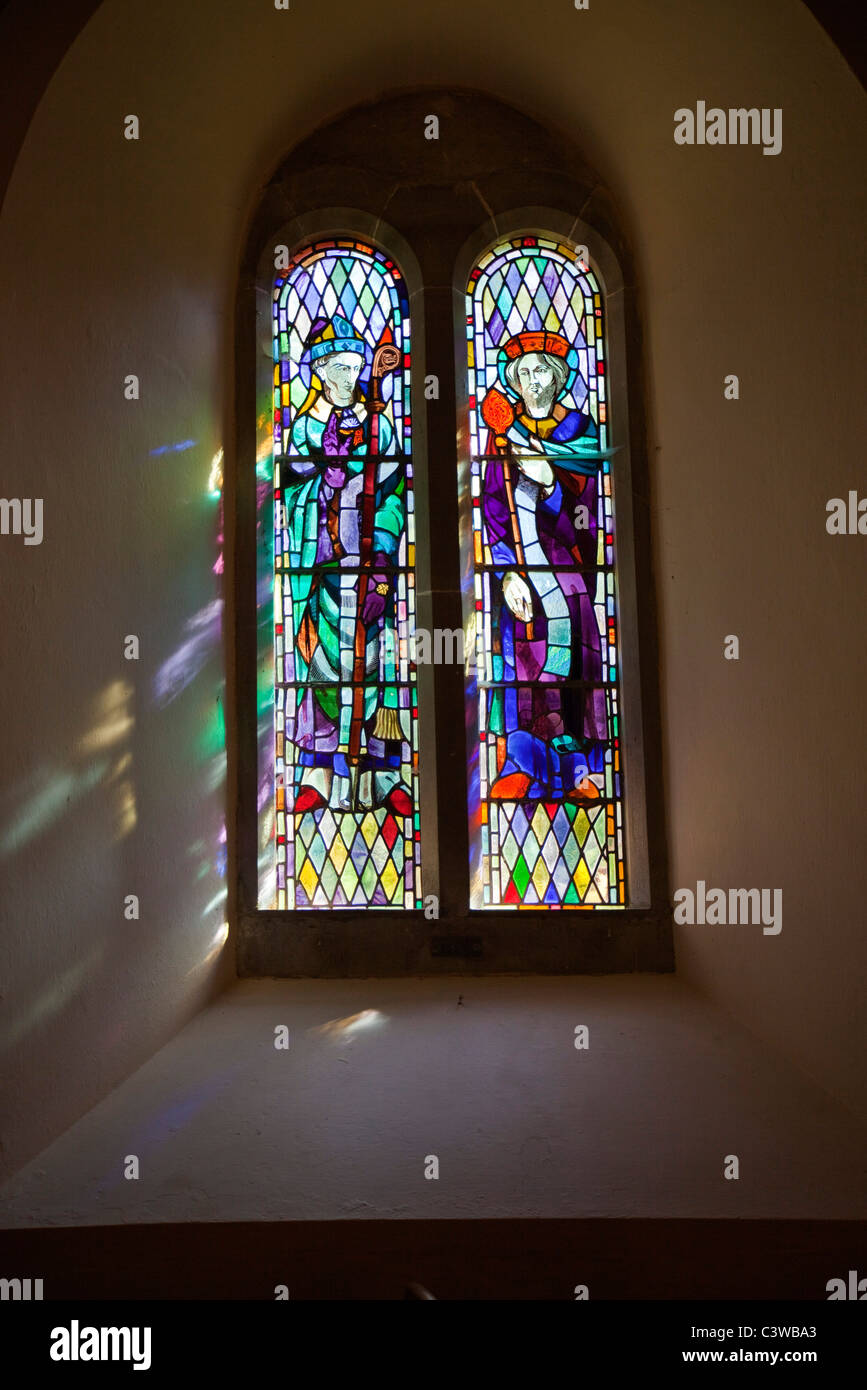 Stained glass window of St David patron saint of Wales and King David ...