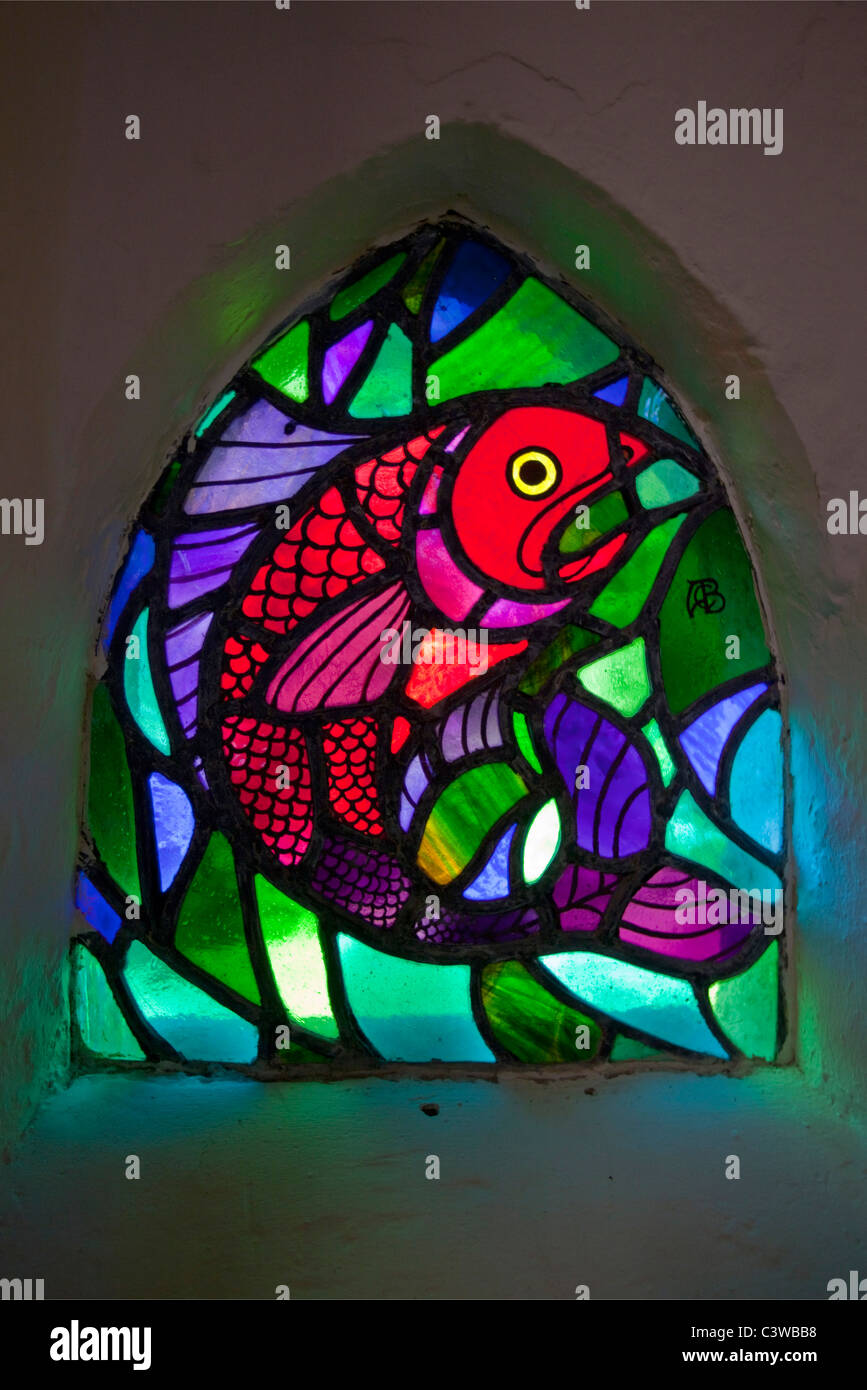 Stained glass window fish in Norman Chapel, Caldey Island ...