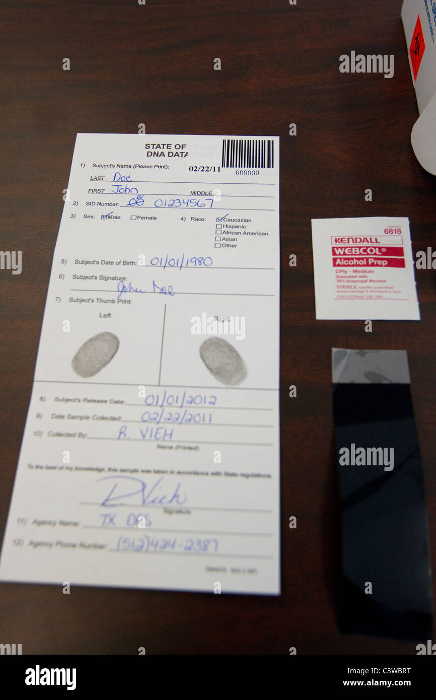 DNA data collection card with suspect fingerprints at Texas Department ...