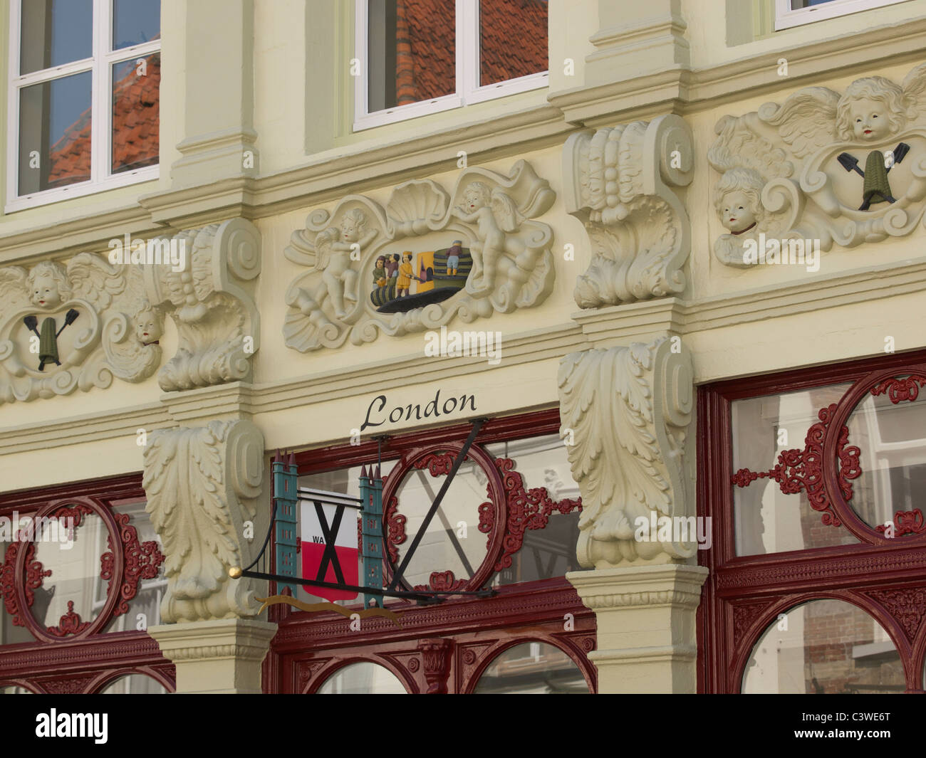 Historic building detail Bergen op Zoom, with London writing and Tower ...