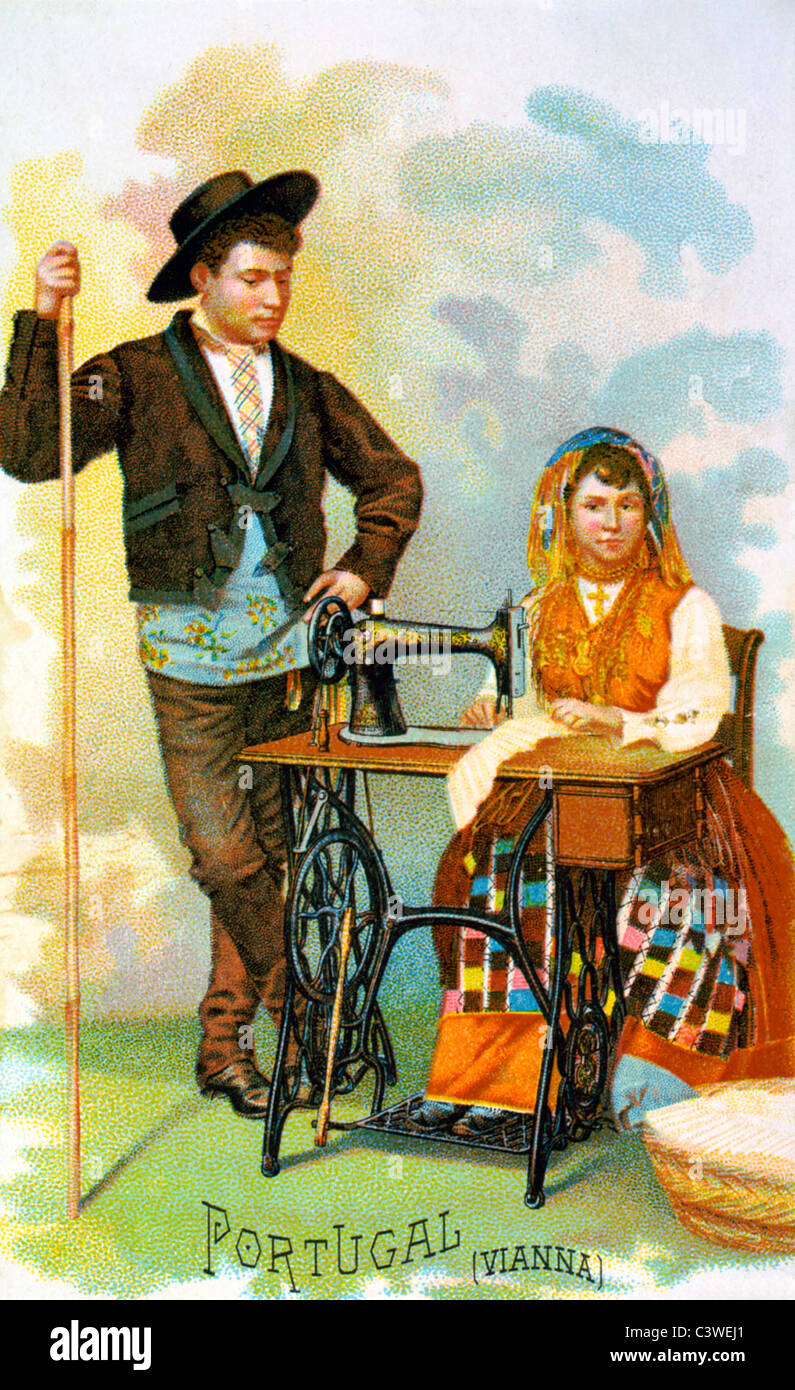 Singer sewing machine advertisement card, 1893, showing two people from ...