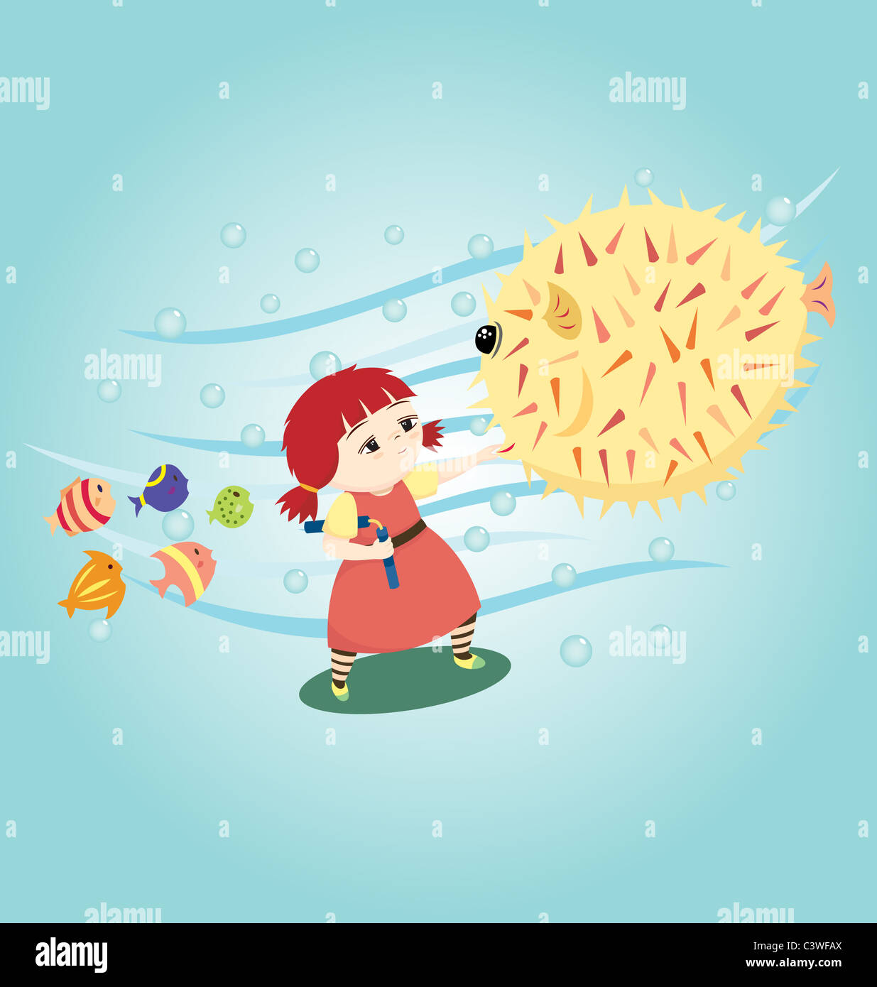 A little Kung Fu girl protecting the small fishes from the big fish ...