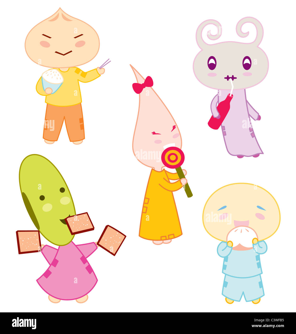 Five cute character all in action of eating their favorite food Stock ...