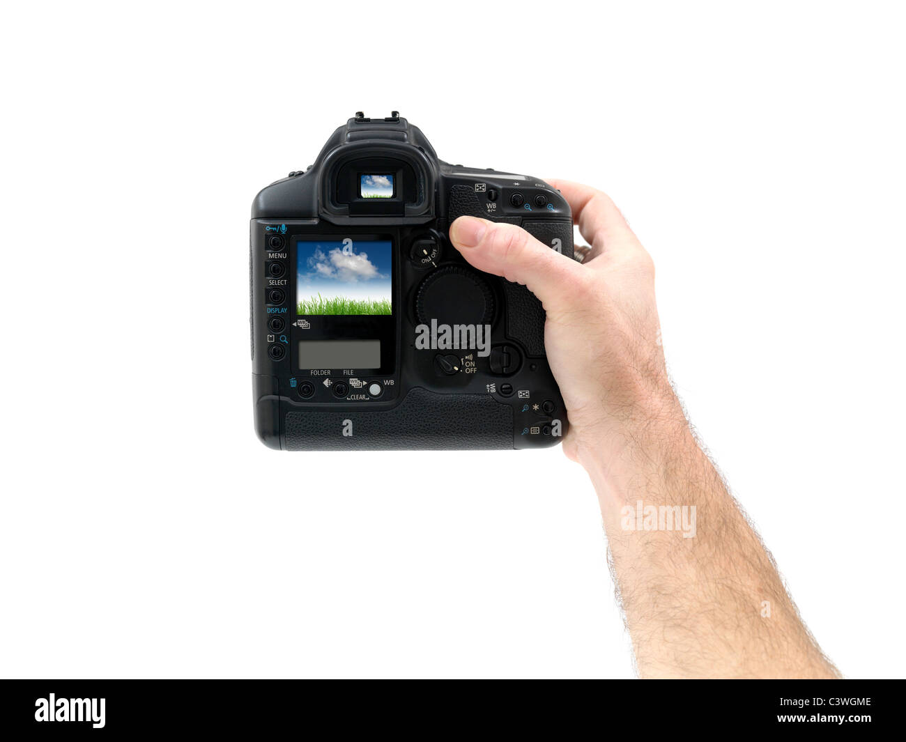 A digital camera hand held isolated against a white background Stock Photo - Alamy