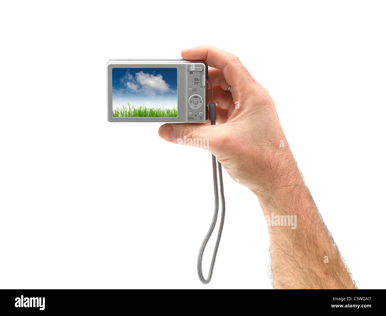 A digital camera hand held isolated against a white background Stock ...