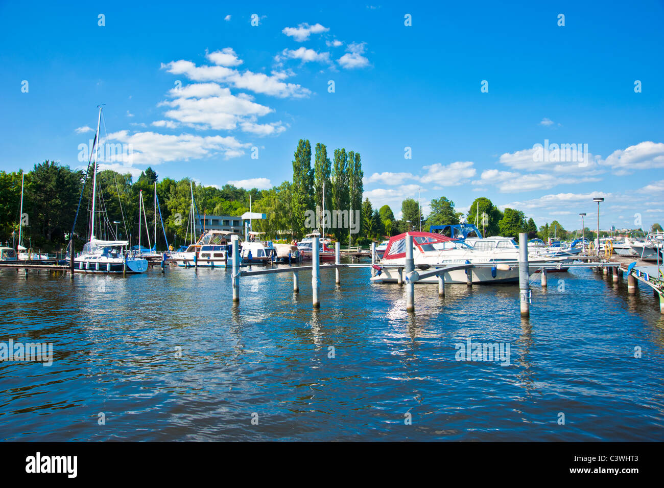 Yachts at landing stages at Marina Lanke, harbor, Berlin, Brandenburg ...