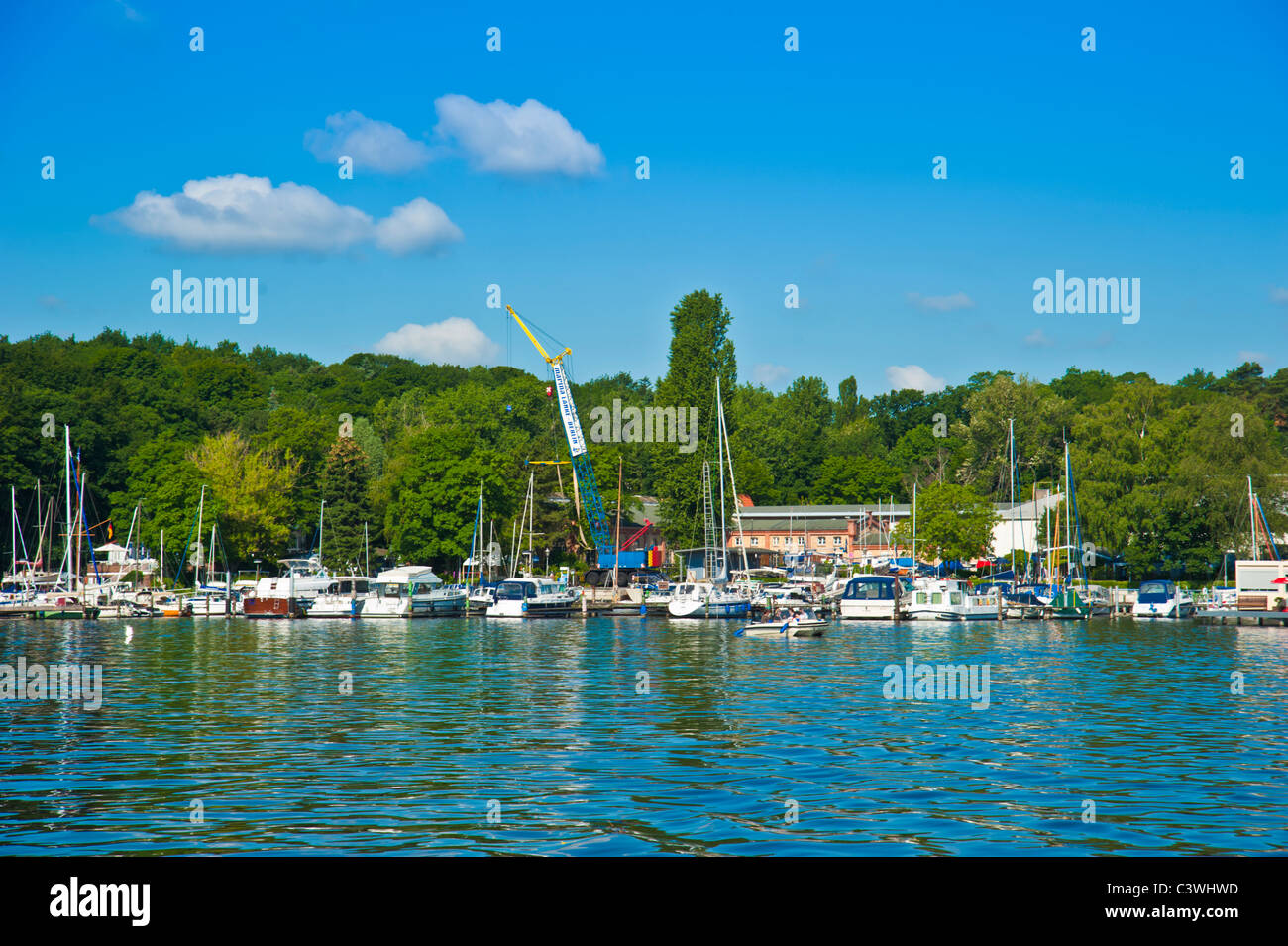 Yachts at landing stages at Marina Lanke, harbor, Berlin, Brandenburg ...