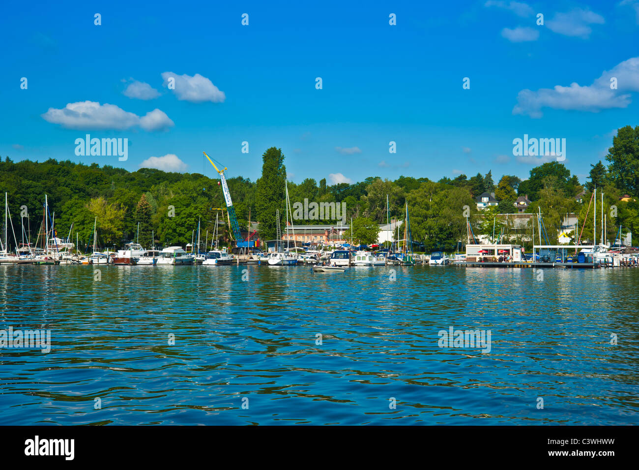 Yachts at landing stages at Marina Lanke, harbor, Berlin, Brandenburg ...